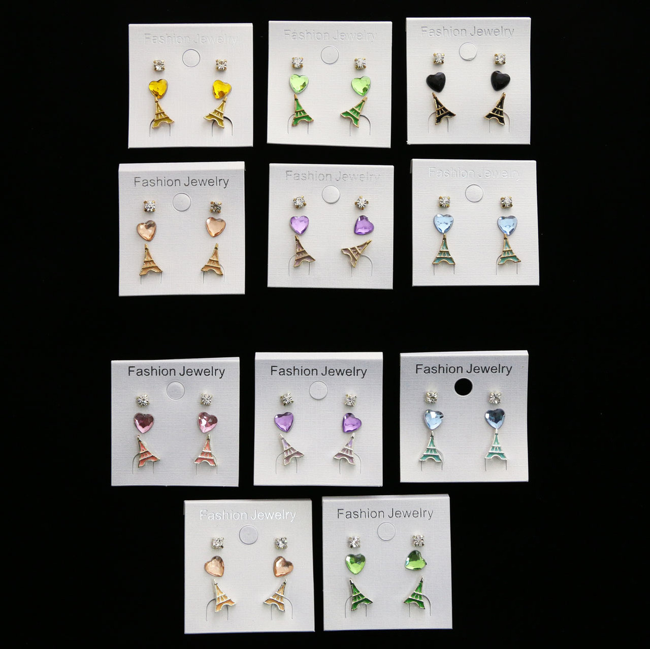 Heart Eiffel Tower Trio-Earring Set With Crystal Accents Multi-Color ...