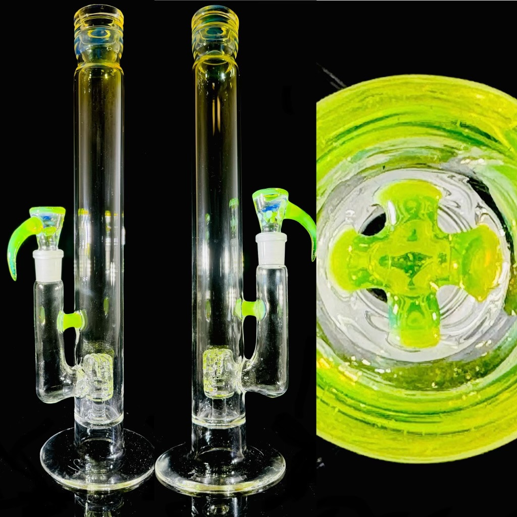Benwa glass experimental green grid perk bong - Many Clouds Smoke Shop