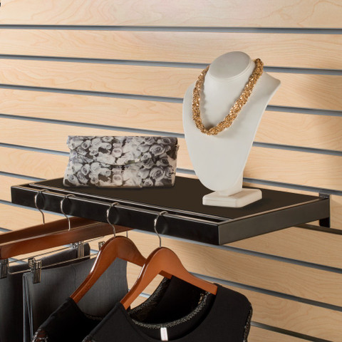Slatwall Hangrail With Shelf | Black Shelf | Satin Nickel Handrail