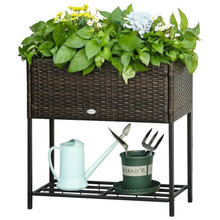 Brown Modern PE Rattan Wicker Raised Garden Bed Elevated Planter Box ...