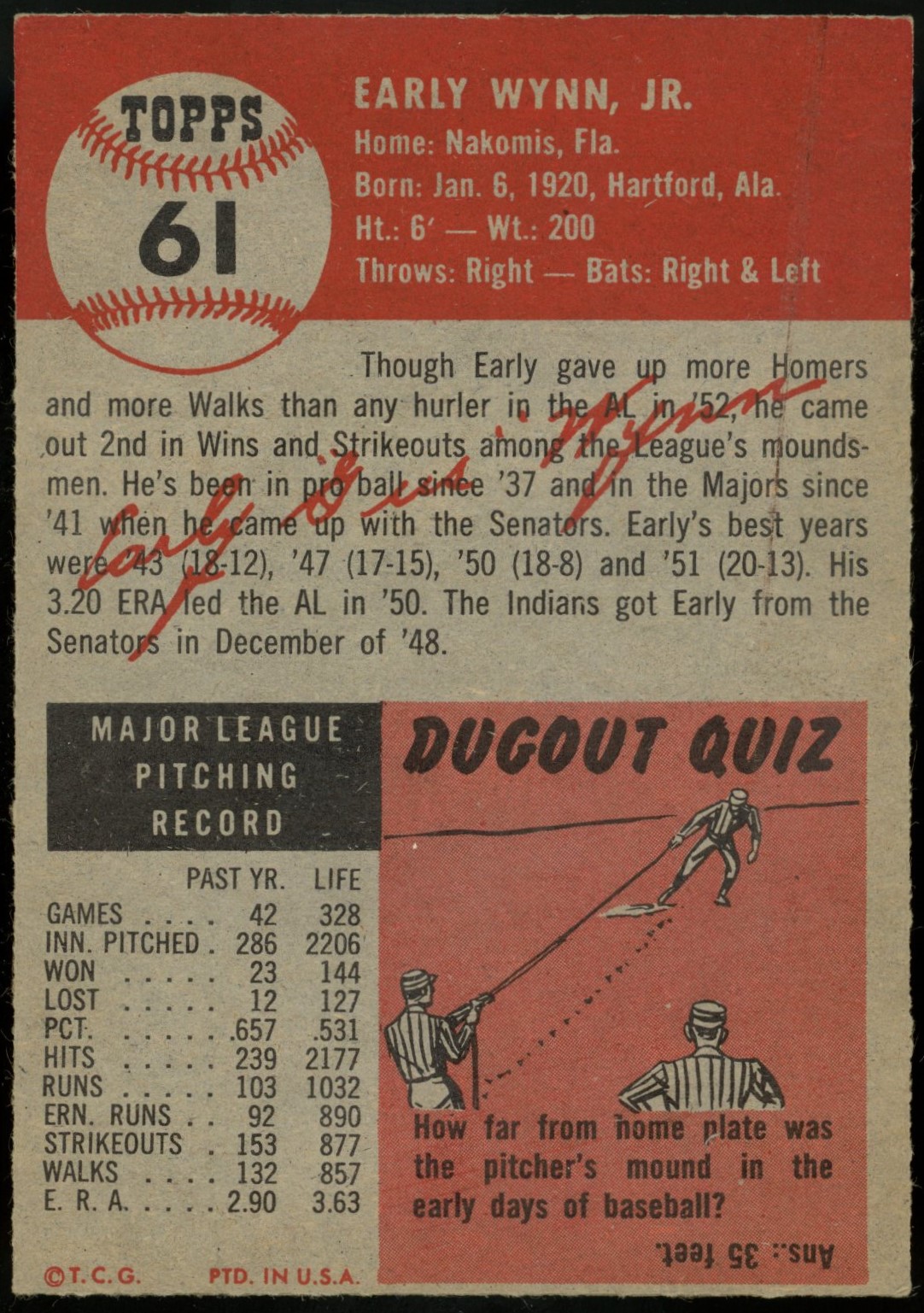 1953 Topps Early Wynn #61 EX - Legends Fan Shop