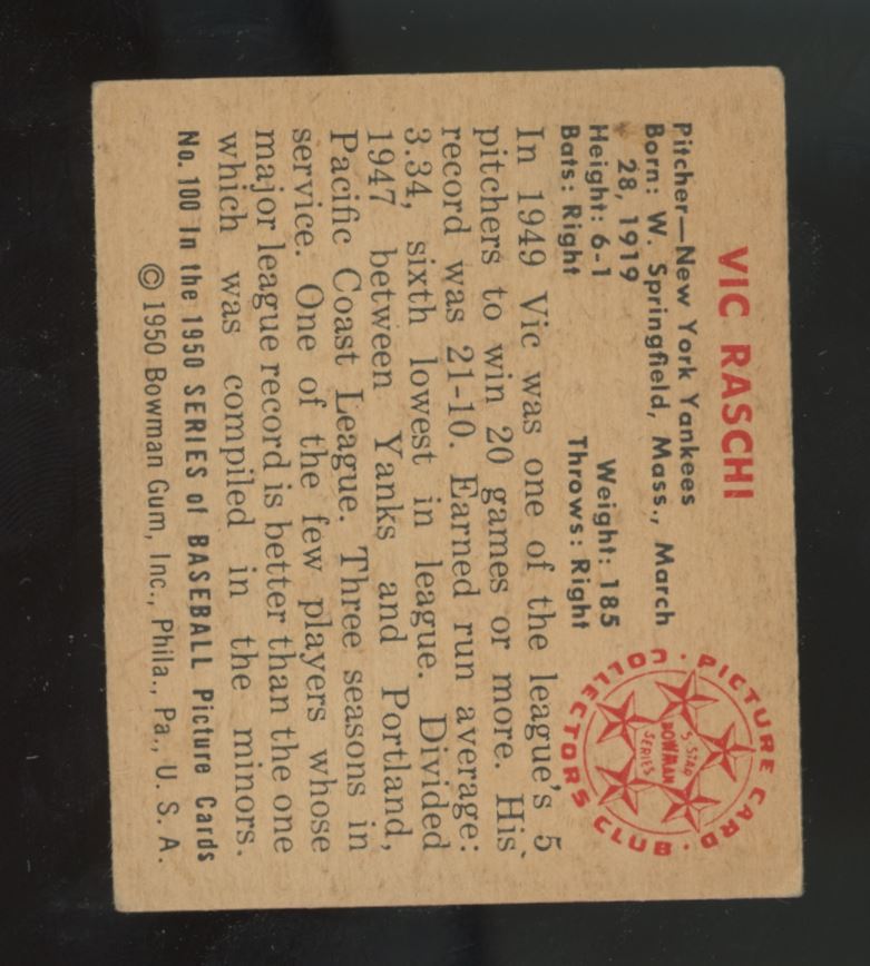 1950 Bowman Vic Raschi #100 VG/EX - Legends Fan Shop