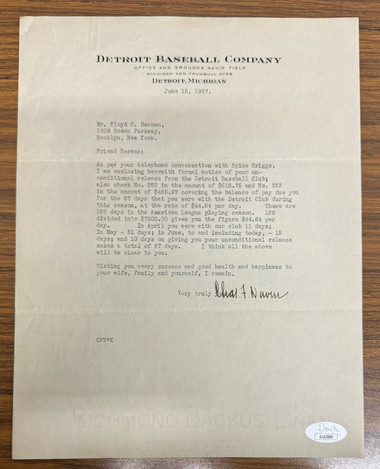 Charles Navin Signed Autographed Letter Detroit Tigers JSA - Legends ...