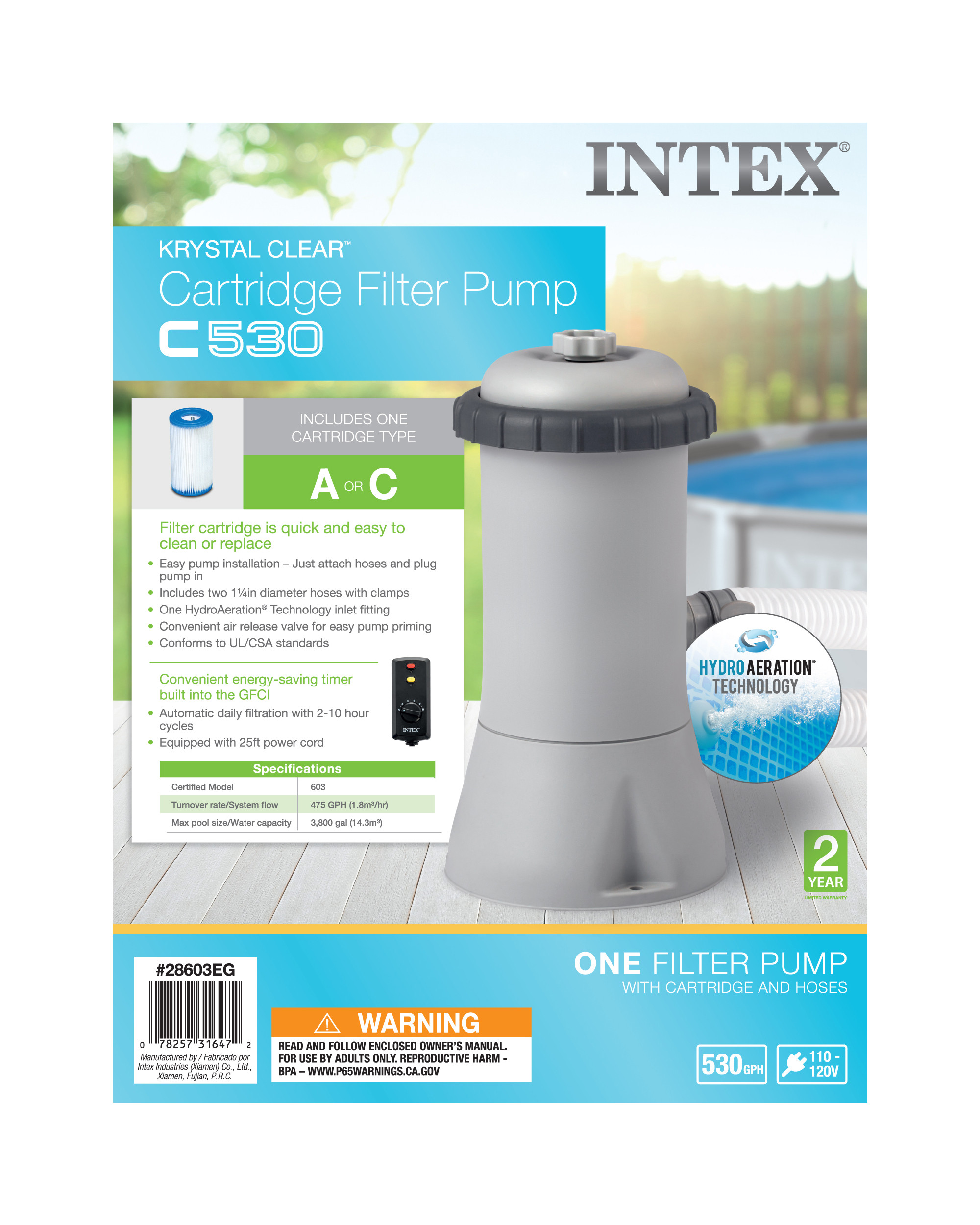 INTEX C530 Krystal Clear Cartridge Filter Pump, Grey - 530 GPH