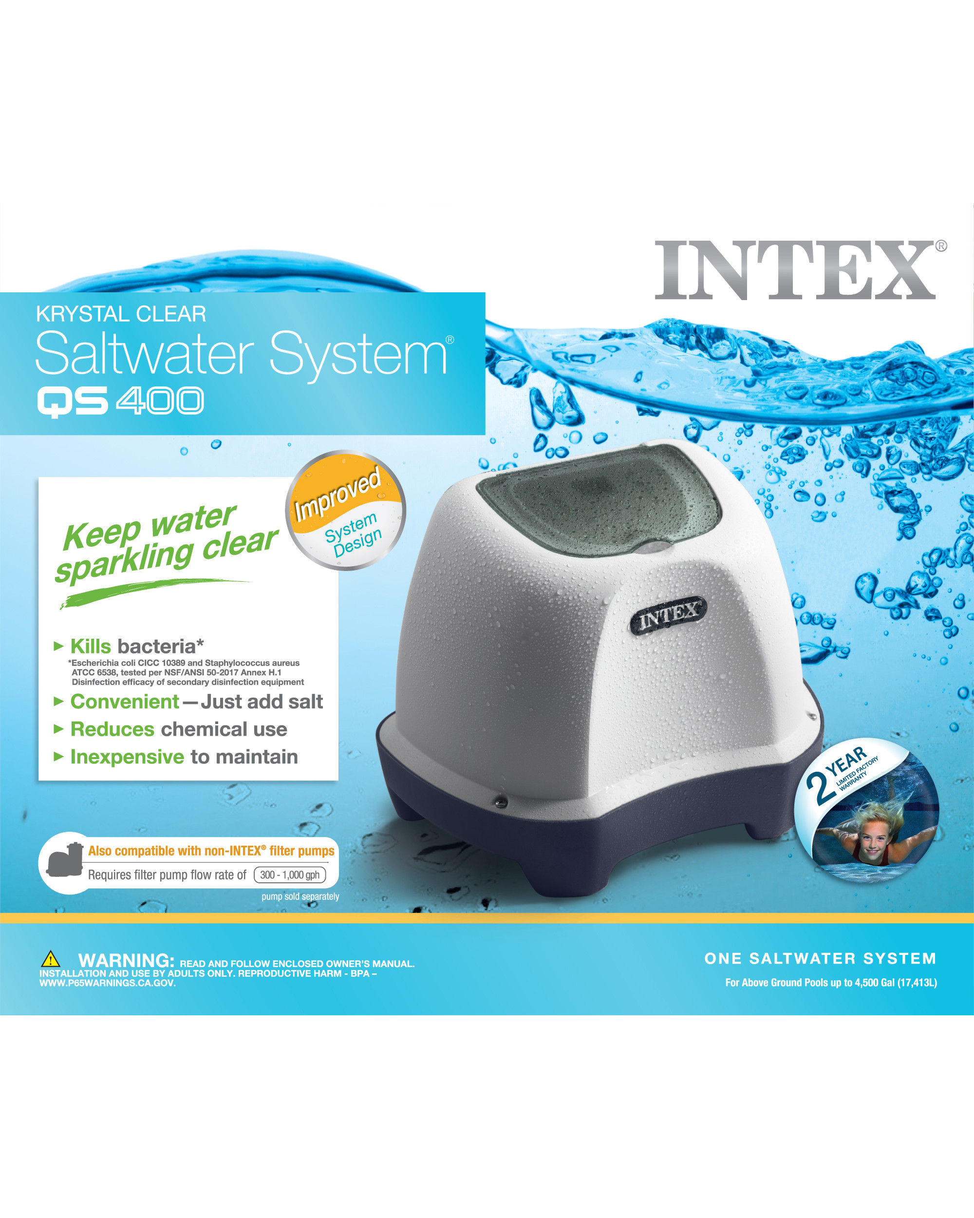 INTEX QS400 Krystal Clear Saltwater Pool Chlorine System - 4,500 Gal