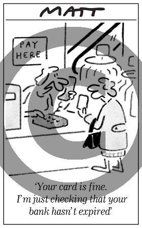 10592428-Matt Cartoon Pay Here Your card is fine. I'm just checking ...