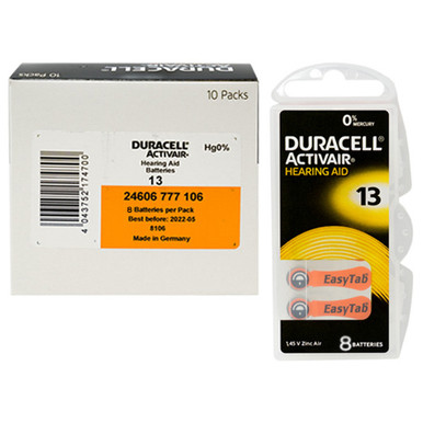 Size 13 Duracell Activair Hearing Aid Batteries DA13 (80 pcs - 1 Box)
