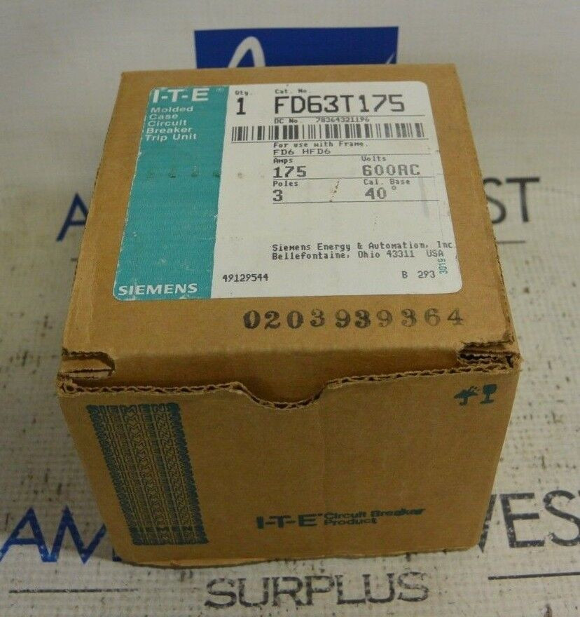 Siemens Ite Fd63T175 Molded Case Circuit Breaker Trip Unit For Fd6 Or ...