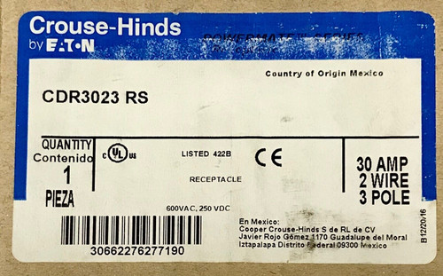 Crouse Hinds Cdr3023 Rs 30 Amp 2 Wire 3 Pole Receptacle 600 Vac 250 Vdc ...