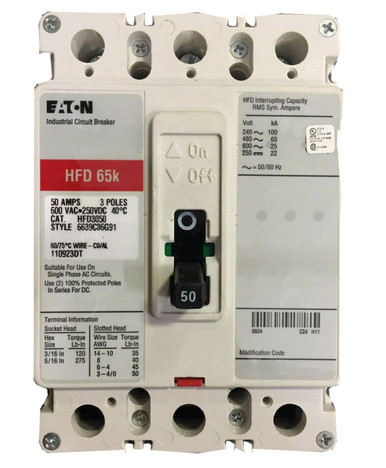 Hfd3050 Cutler Hammer 50A 600V 3P Circuit Breaker - Industrial Lynx
