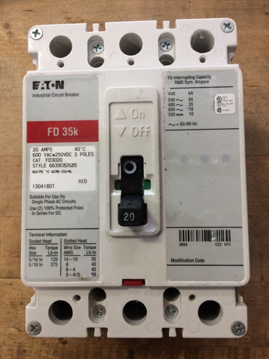 Fd3020 Eaton/Cutler Hammer 20A 600V 3P Circuit Breaker - Industrial Lynx