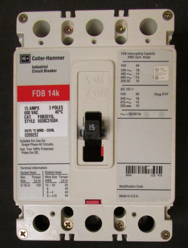Cutler Hammer Fdb3015L Fdb Circuit Breaker 15 Amps 3 Pole Line Load ...