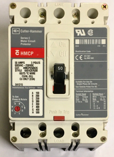 Cutler Hammer Hmcp050K2C 3 Pole 50 Amp Hmcp Motor Circuit Protector ...
