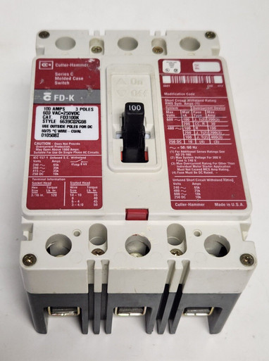 Cutler Hammer Eaton Fd3100K 3 Pole 100 Amp Type Fd-K Molded Case Switch ...