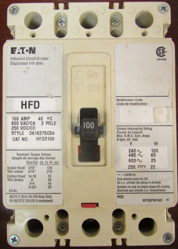 Cutler Hammer Hfd Breaker 100 Amp 3 Pole Hfd3100 (French Canadian Label ...