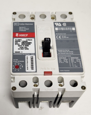Cutler Hammer Hmcp070M2C 70 Amp Type Hmcp Motor Circuit Protector ...
