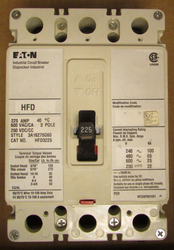 Cutler Hammer Hfd Breaker 3 Pole 225 Amp Hfd3225 *French Canadian Label ...