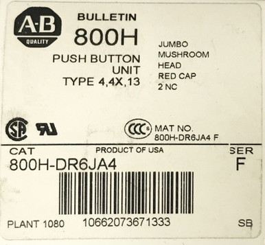 Allen Bradley 800H Dr6Ja Red Jumbo Mushroom Heard Push Button Momentary ...