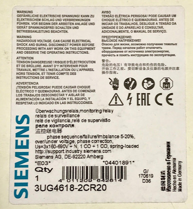 Siemens 3Ug4618 2Cr20 Sirius Phase Sequence Undervoltage Relay Module ...