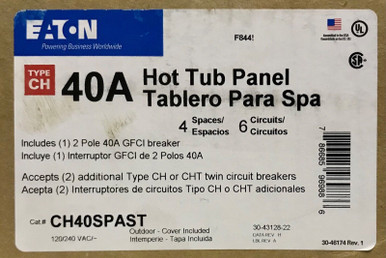 Eaton Ch40Spast Type Ch 40 Amp Hot Tub Spa Panel Nema 3R 4 Space 6 ...