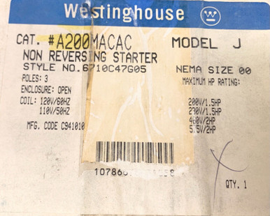 Westinghouse A200Macac 110 120 Vac Size 00 A200 Starter - Industrial Lynx