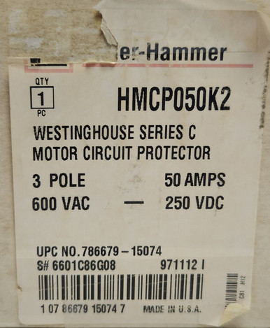 Cutler Hammer Hmcp050K2 50 Amp Hmcp Motor Circuit Protector ...