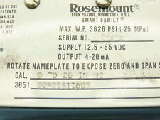 Rosemount 3051 D2A21S1I5D3 Smart Pressure Transmitter 0 To 25" Wc 1/4 ...