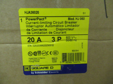 Square D Hja36020, 20 Amp, 600 Volt, 3 Pole, 65K, Circuit Breaker ...