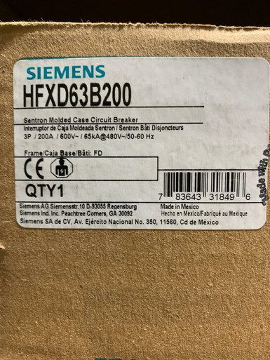 Siemens Hfxd63B200 Ite Molded Case Circuit Breaker 3-Pole/600V/200A ...