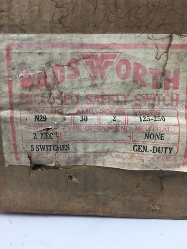 Wadsworth N29 Safety Switch 30 Amp 2 Poles 125-250 V General Duty (5 ...