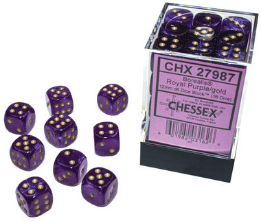 Chessex Dice: Borealis - 12mm d6 Royal Purple/Gold Luminary (36) - Game Nerdz