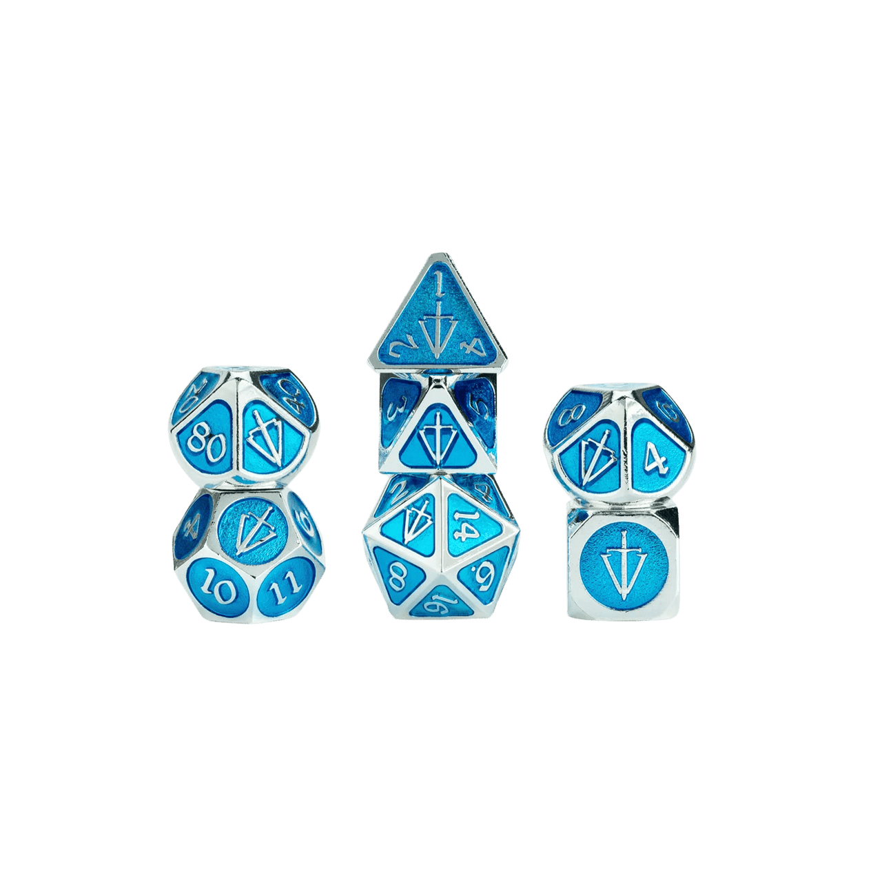 Tales of the Valiant RPG: Metal Dice Set - Silver w/Light Blue Enamel ...