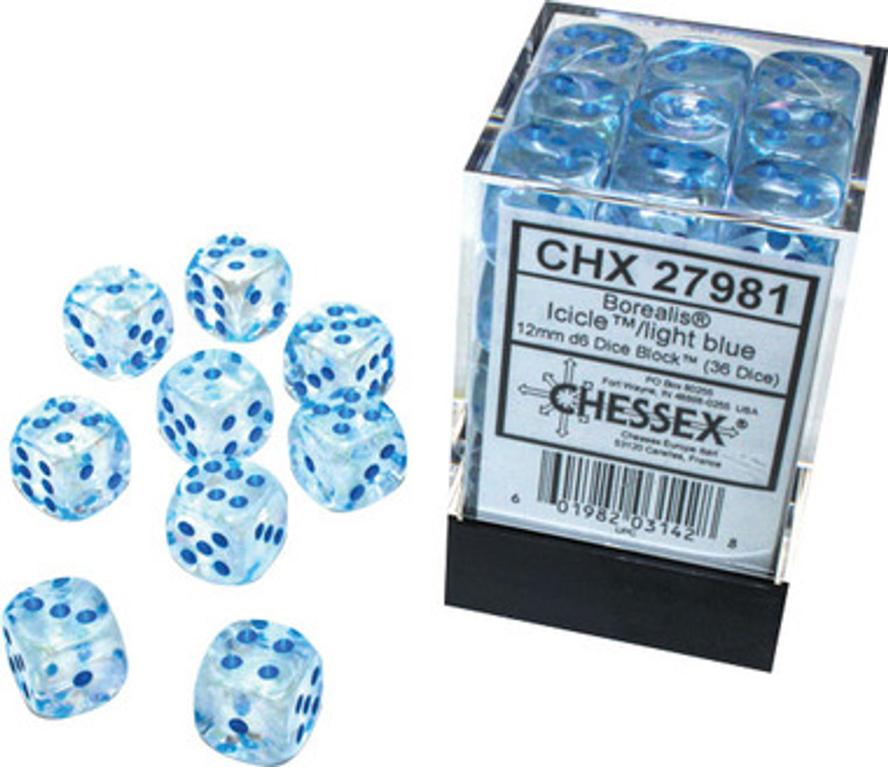 Chessex Dice Borealis 12mm D6 Iciclelight Blue Luminary 36 Game
