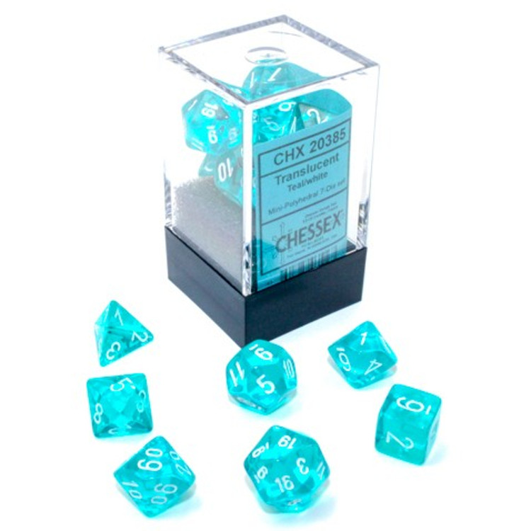 Chessex Dice: Translucent - Mini Polyhedral Teal/White (7) - Game Nerdz