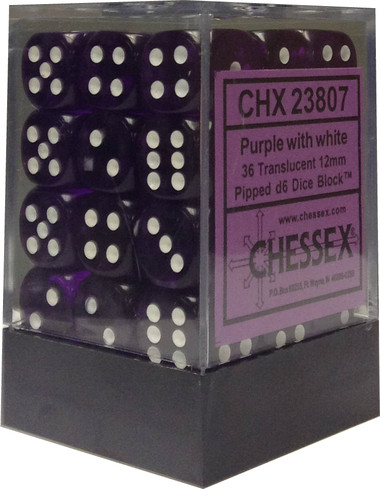 Chessex Dice: Translucent 12mm D6 Dice Purple/White (36) - Game Nerdz