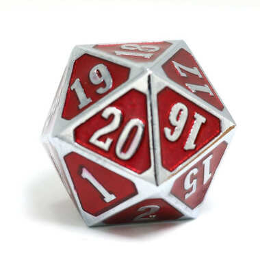Roll Down 25mm D20 Counter: Shiny Silver & Ruby - Game Nerdz