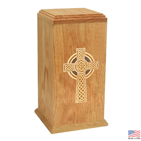 Celtic Cross Oak Wood Urn – Elegant Memorial Keepsake