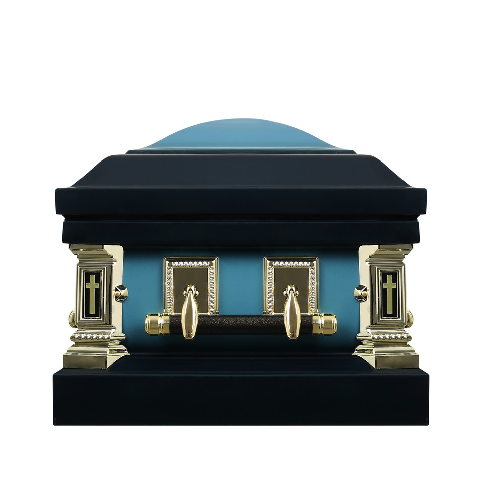 In God's Care Spruce Blue Metal Casket For Sale with Blue Velvet ...