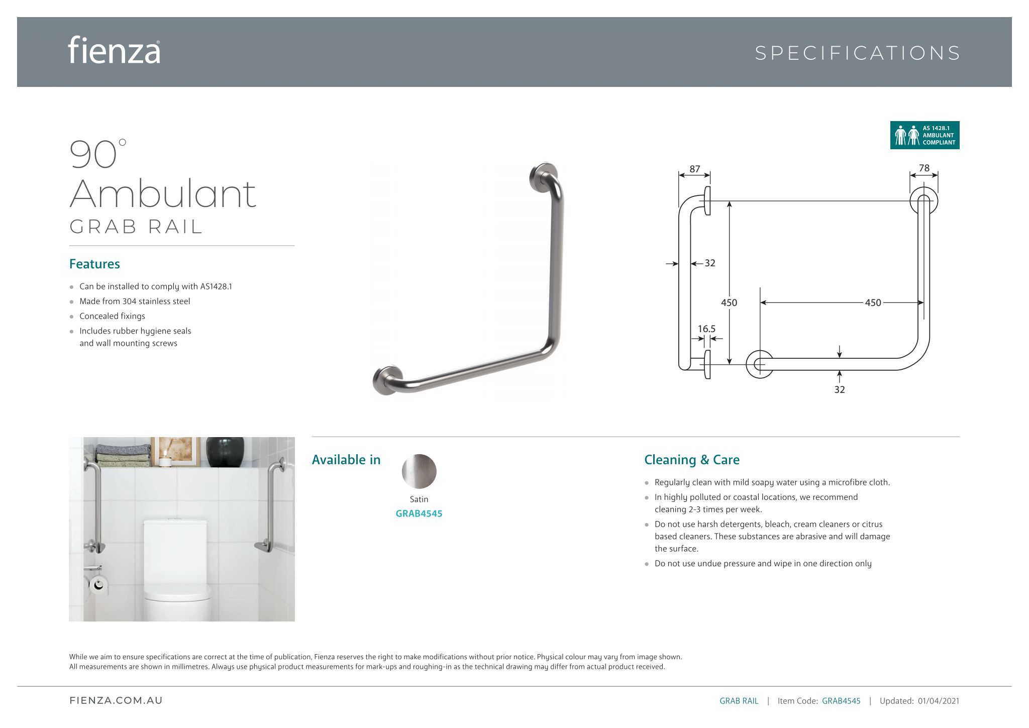 Care Ambulant Grab Rail, 450 X 450mm - Sturdy Support