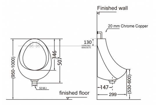 Leon Ceramic Urinal - Top Inlet Bottom Outlet