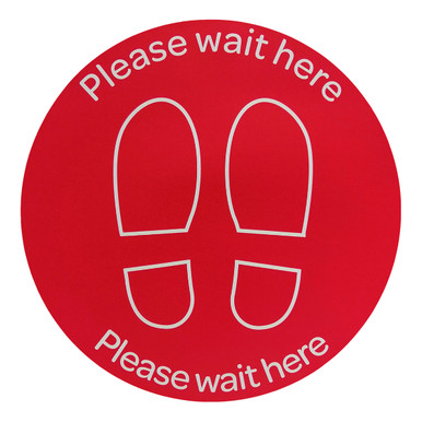 FLOOR STICKERS 300MM - PLEASE WAIT HERE (RED), PKT 10 - Qizzle