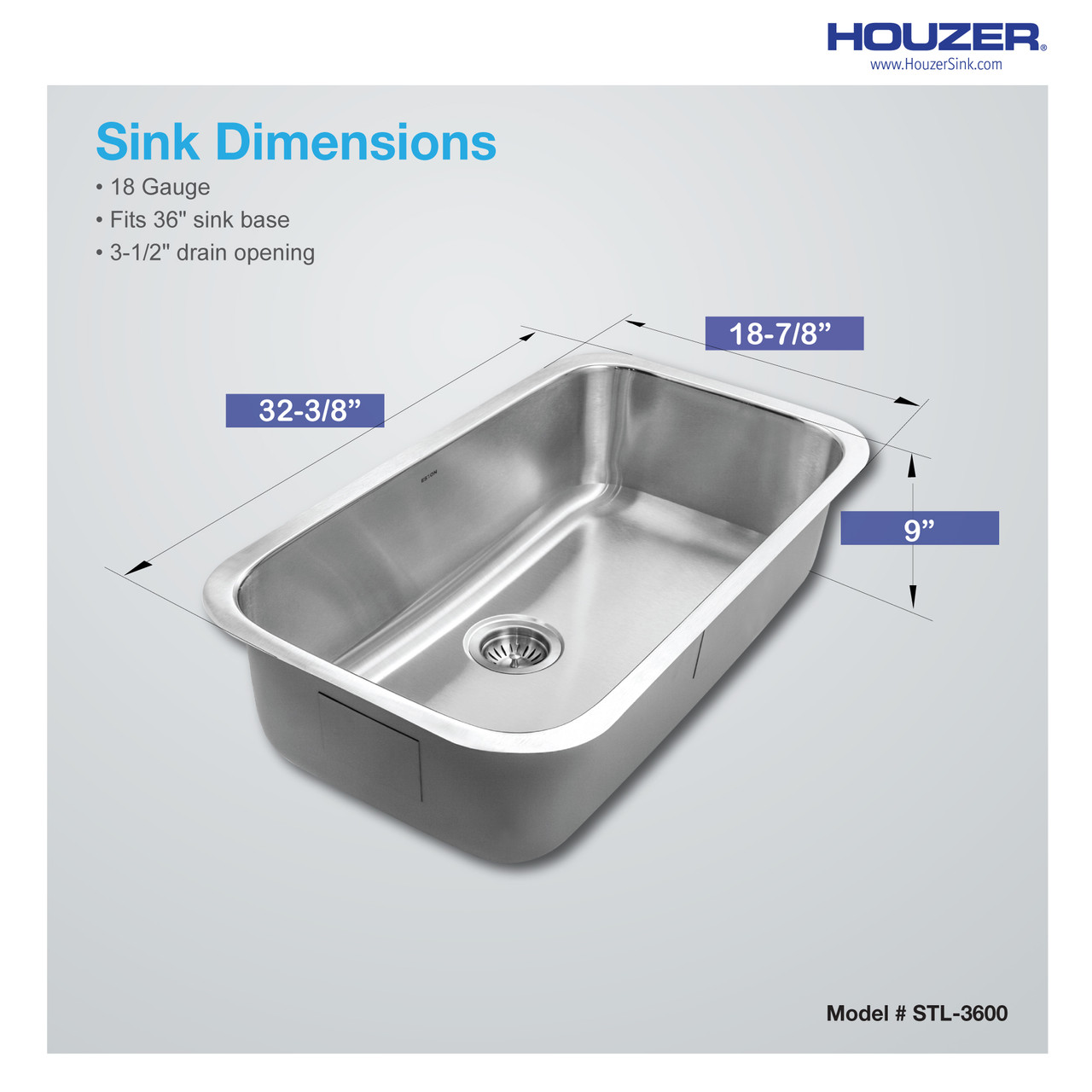 Houzer Eston 32" Stainless Steel Undermount Single Bowl Kitchen Sink