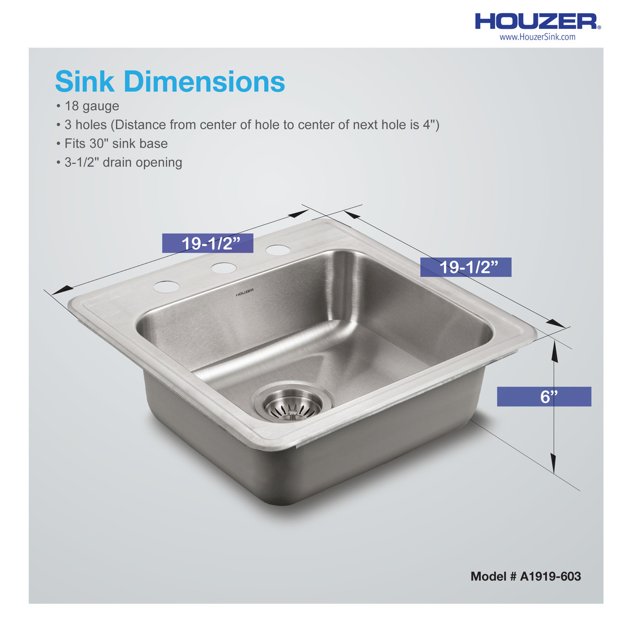 Houzer ADA Compliant 19 inch Stainless Steel Drop-in Topmount 3-hole 5 ...
