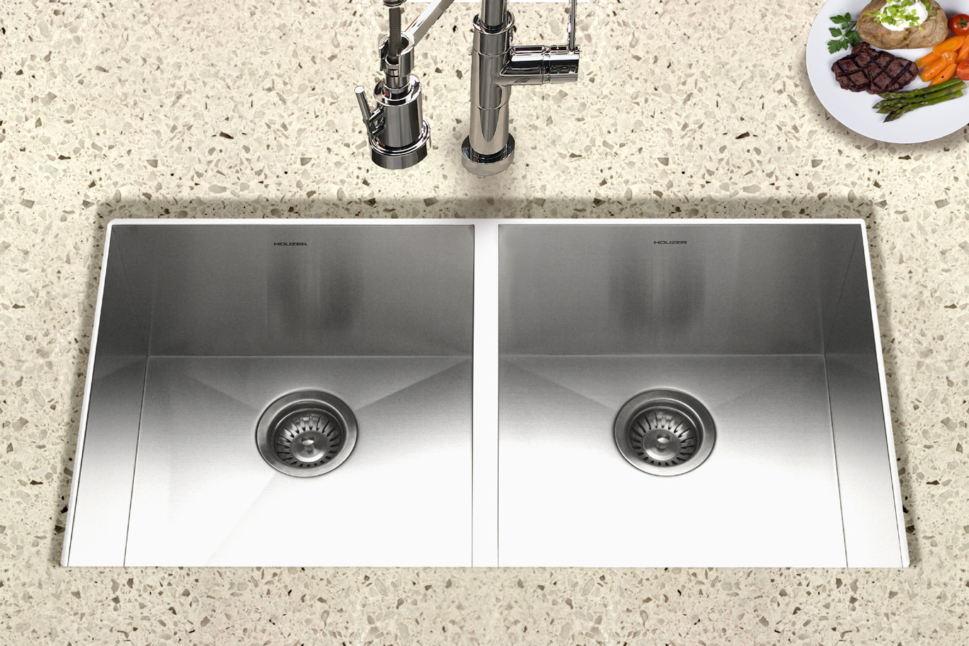 Houzer Contempo 33" Stainless Steel Undermount 50/50 Double Bowl ...