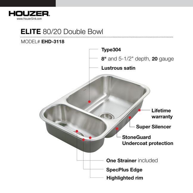 Houzer Elite 31" Stainless Steel Undermount 80/20 Small Left Double ...