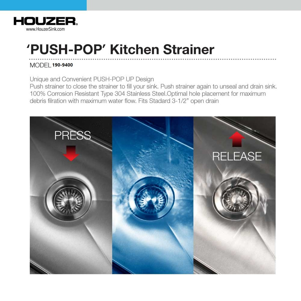 Houzer 3-1/2" Stainless Steel Pop-Up Basket Strainer with EZ Grip