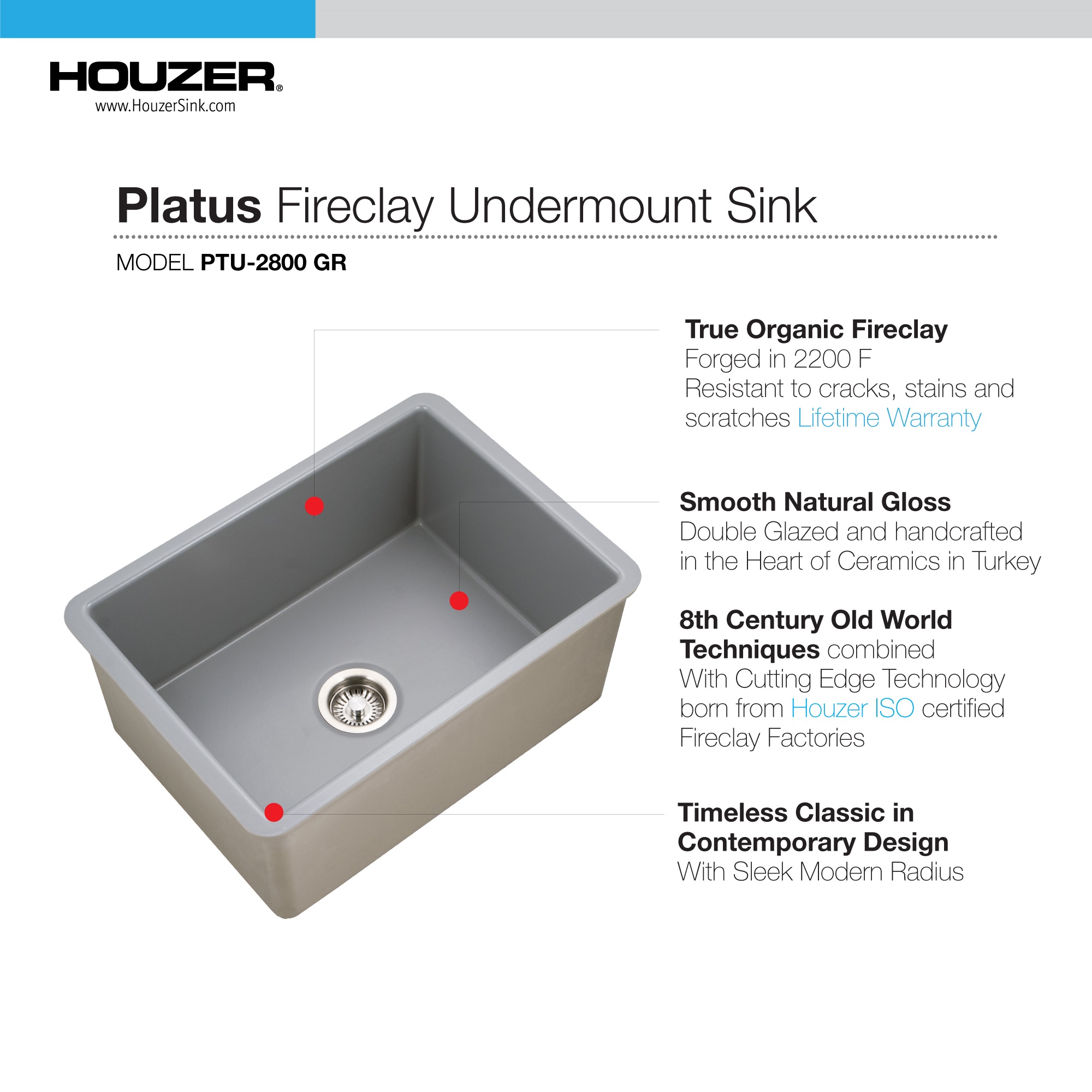 Houzer Platus 26" Fireclay Undermount Single Bowl Kitchen Sink
