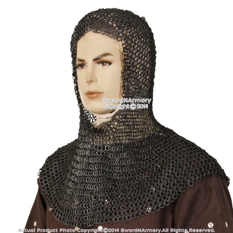 Black Medieval Chainmail Coif Head Neck Protector Round Ring Round ...