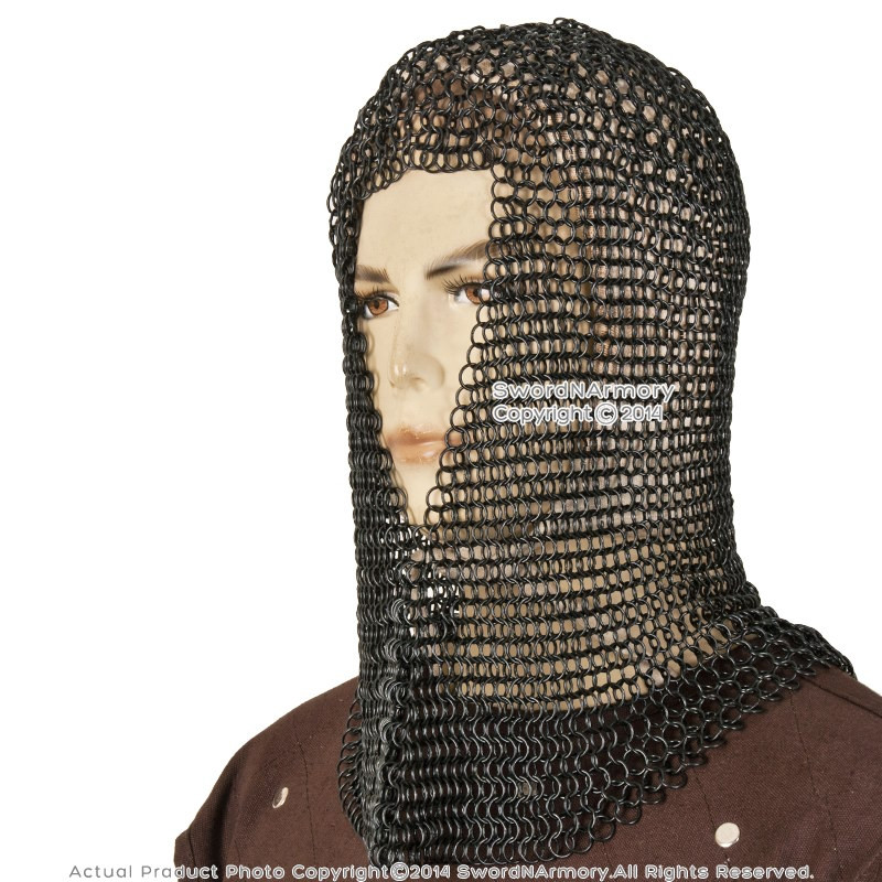 Black Medieval Chainmail Hood Coif Butted MildSteel LARP Renaissance ...