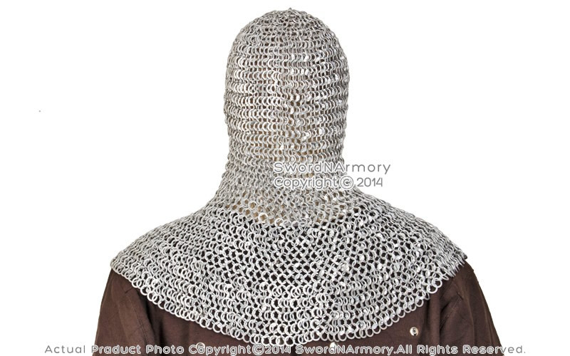 Medieva Aluminum Chainmail Coif w/ Aventail Round Ring Round Riveted L ...